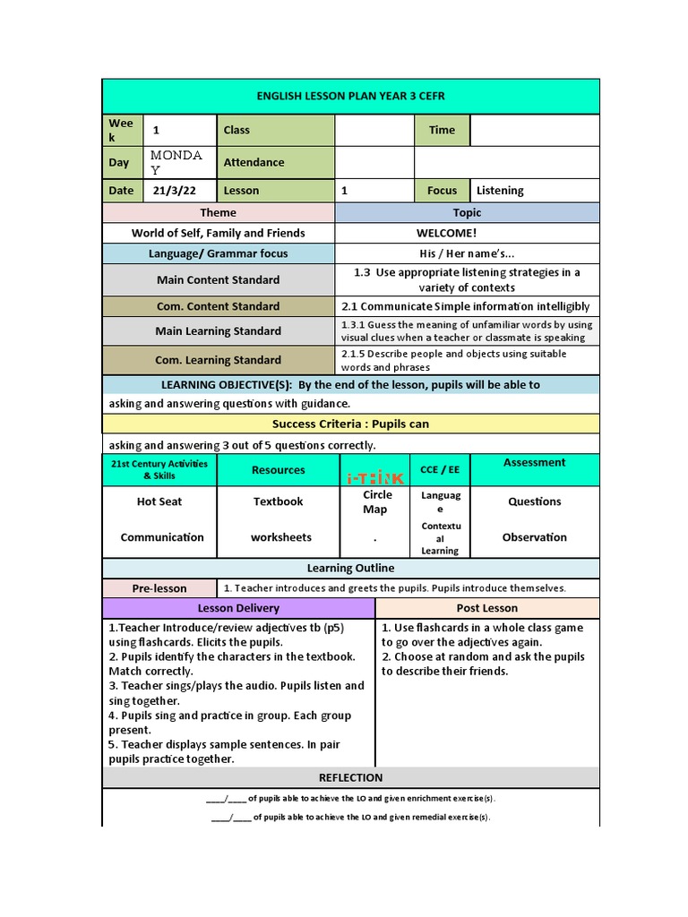 English Lesson Plan Year 3 Cefr | PDF | Lesson Plan | Communication