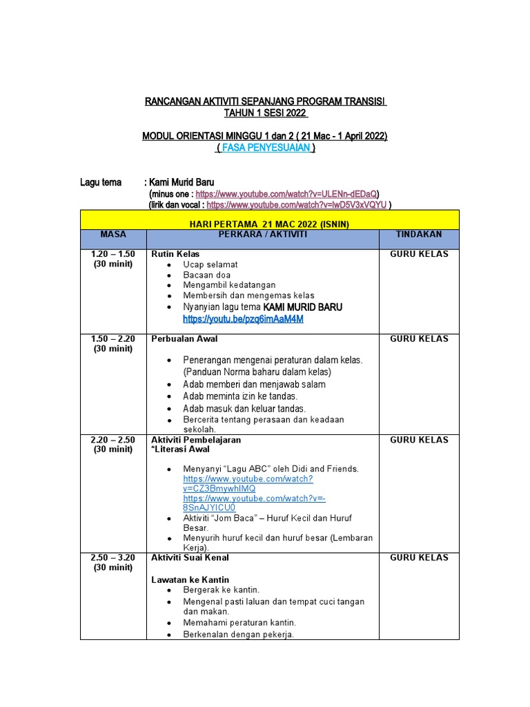 Rancangan Aktiviti Sepanjang Program Transisi | PDF
