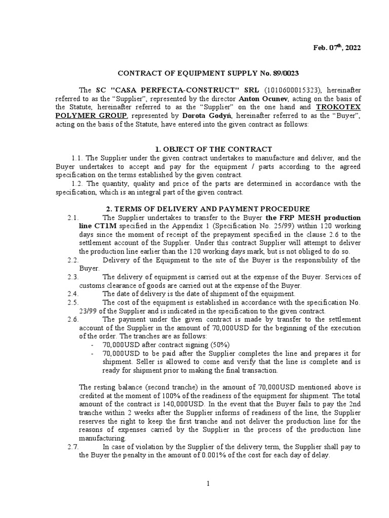 Equipment Supply Contract No. 89/0023 | PDF | Procurement