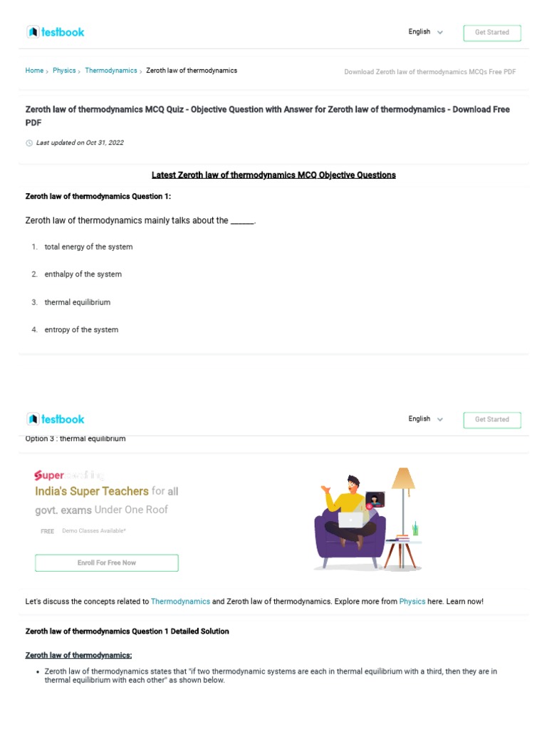 Zeroth Law of Thermodynamics MCQ Quiz - Objective Question With Answer ...