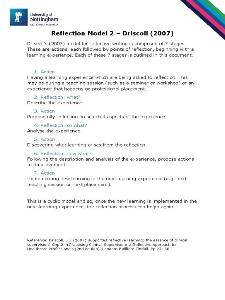 Reflective Writing Model Driscoll | PDF