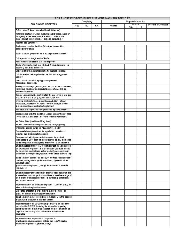 Labor Inspection Checklist - Special Checklist - Recruitment and ...