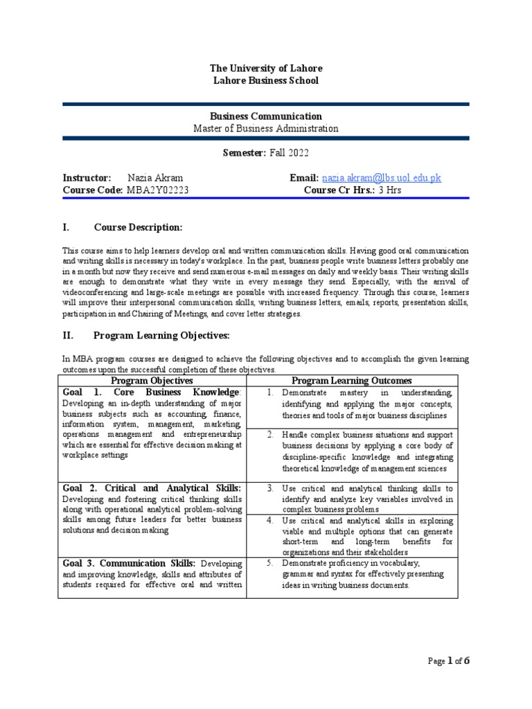 Course Outline Fall 2022 MBA - Business Communication | PDF ...