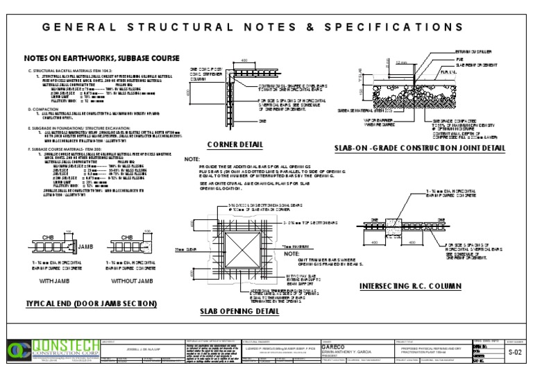 General Structural Notes & Specifications: Notes On Earthworks, Subbase ...