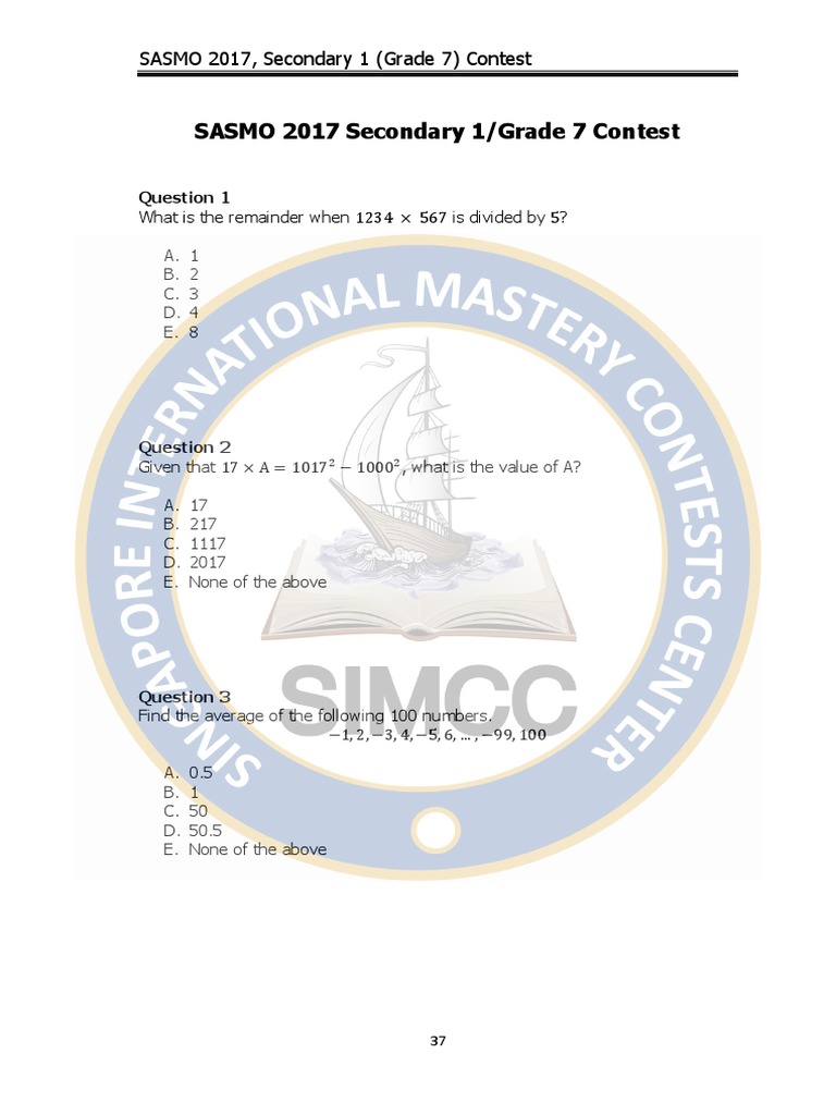 SASMO 2017, Secondary 1 (Grade 7) Contest | PDF | Discrete Mathematics ...