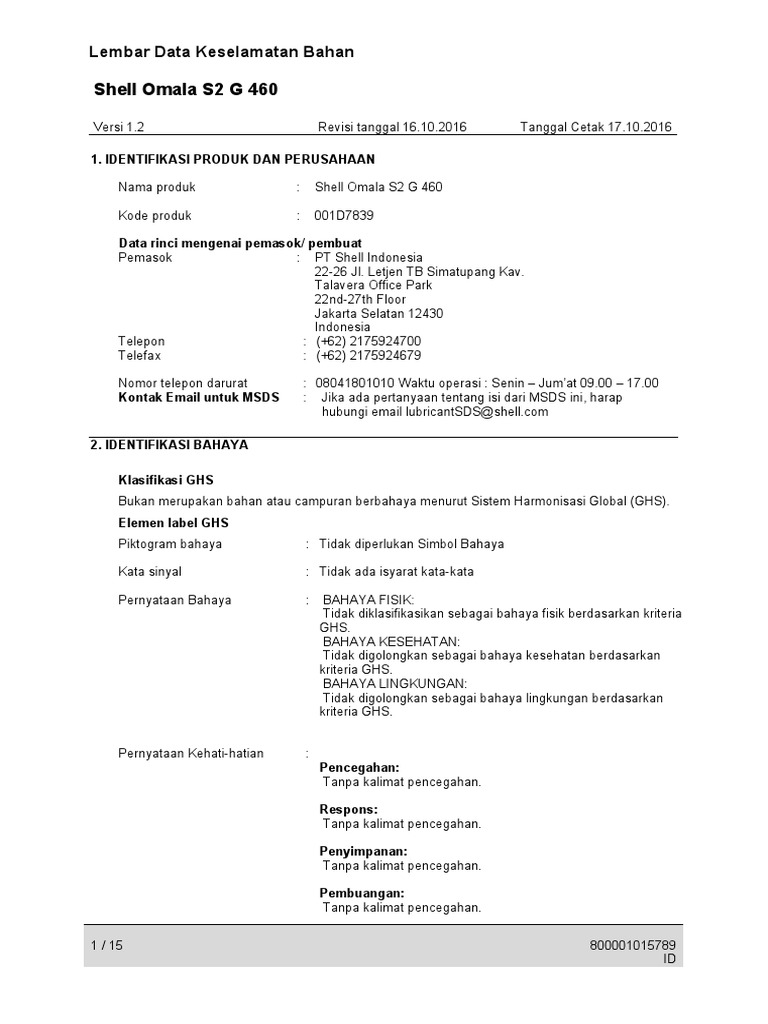 MSDS Shell Oli Omala S2 G 460 | PDF