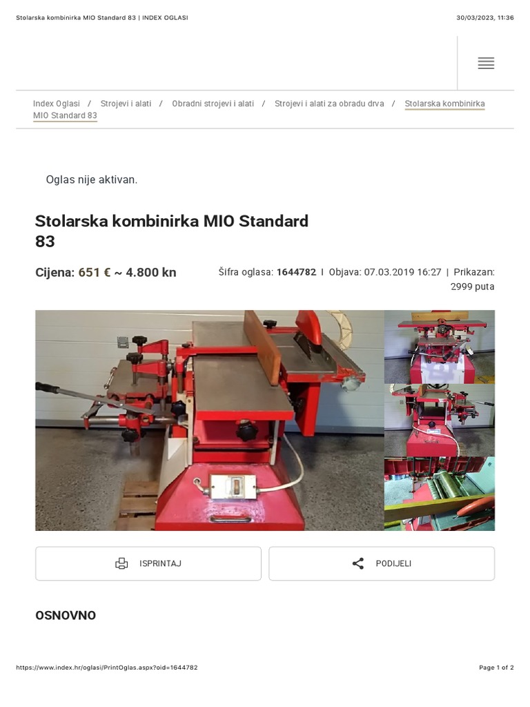 Stolarska Kombinirka MIO Standard 83: Oglas Nije Aktivan | PDF