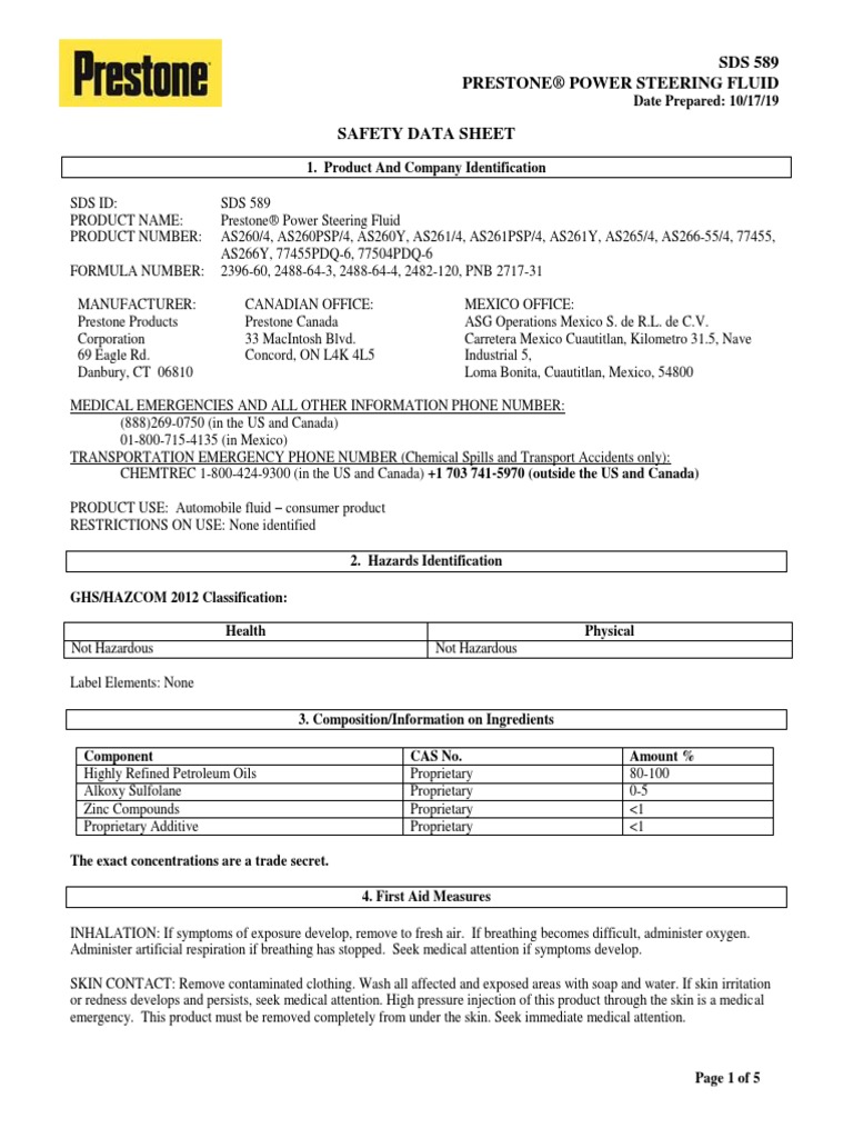 MSDS Minyak Power Stering Prestone | PDF | Firefighting | Personal ...