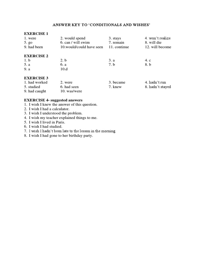 Answer Key To Conditionals and Wishes' Exercise 1 | PDF