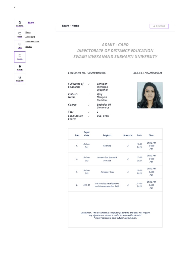 Admit - Card Directorate of Distance Education Swami Vivekanand ...