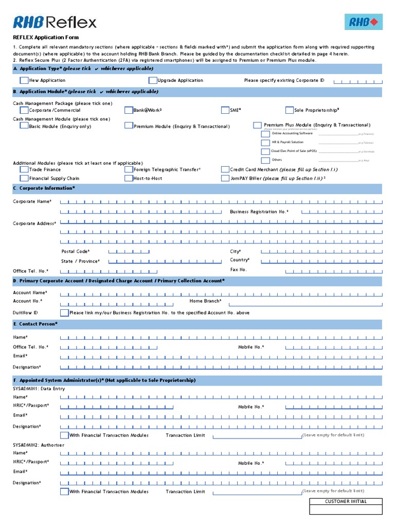 RHB Bank REFLEX Application Form for Corporate Cash Management Services ...
