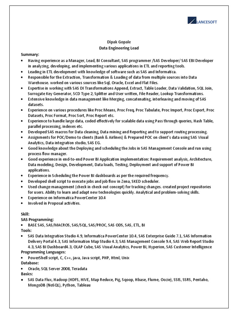Data Engineering Lead - Dipak Gopale | PDF | Sas (Software) | Software Development