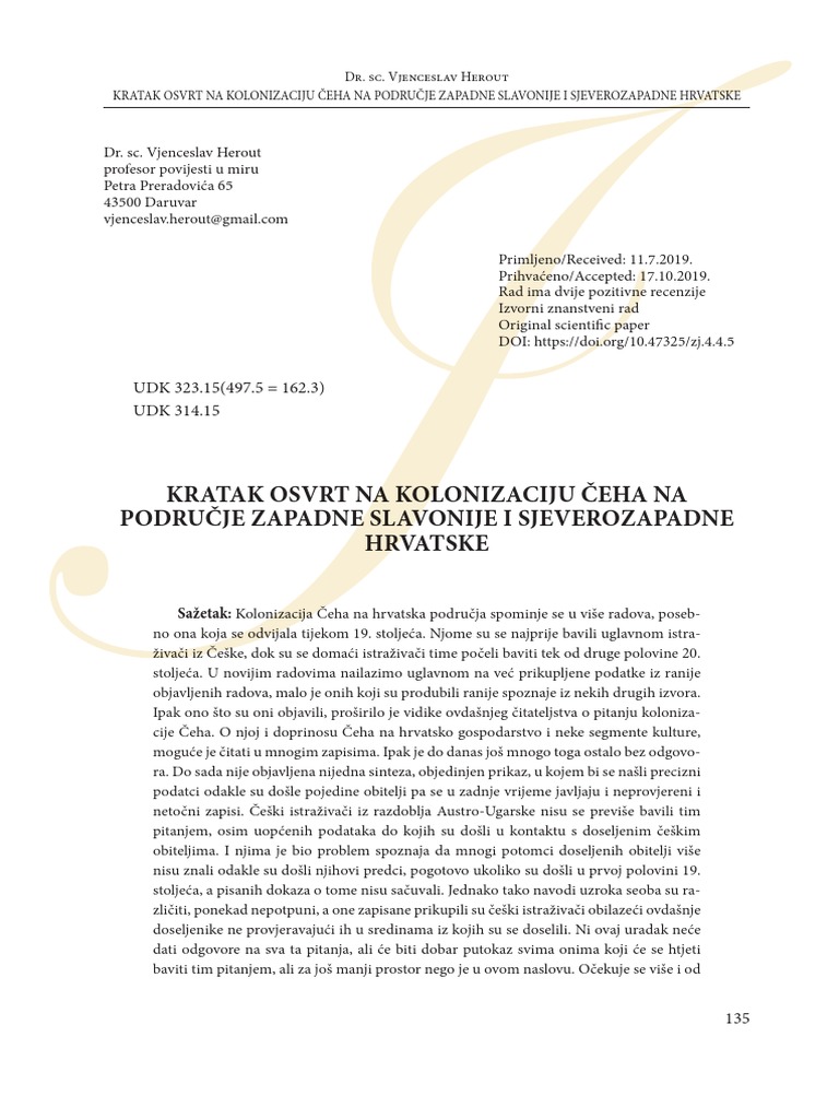 Kratak Osvrt Na Kolonizaciju Čeha Na Područje Zapadne Slavonije I Sjeverozapadne Hrvatske | PDF