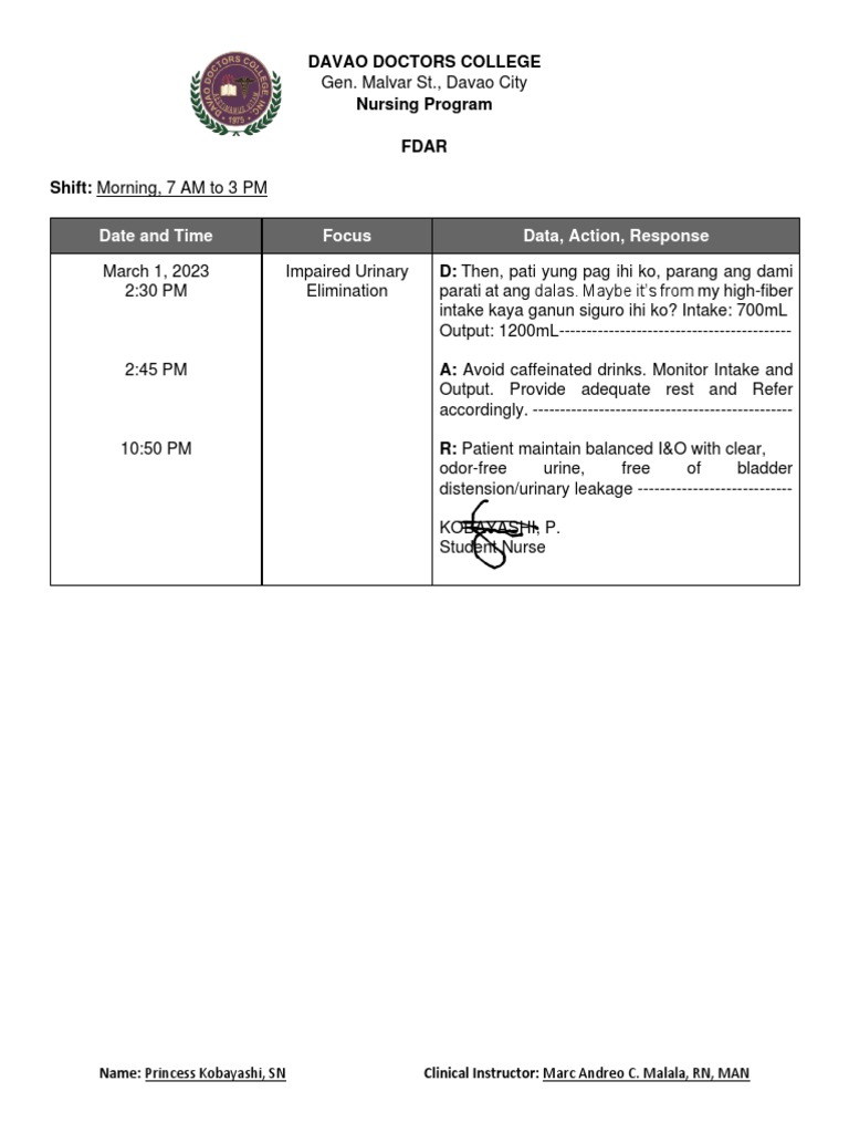 FDAR - Impaired Urinary Elimination | PDF