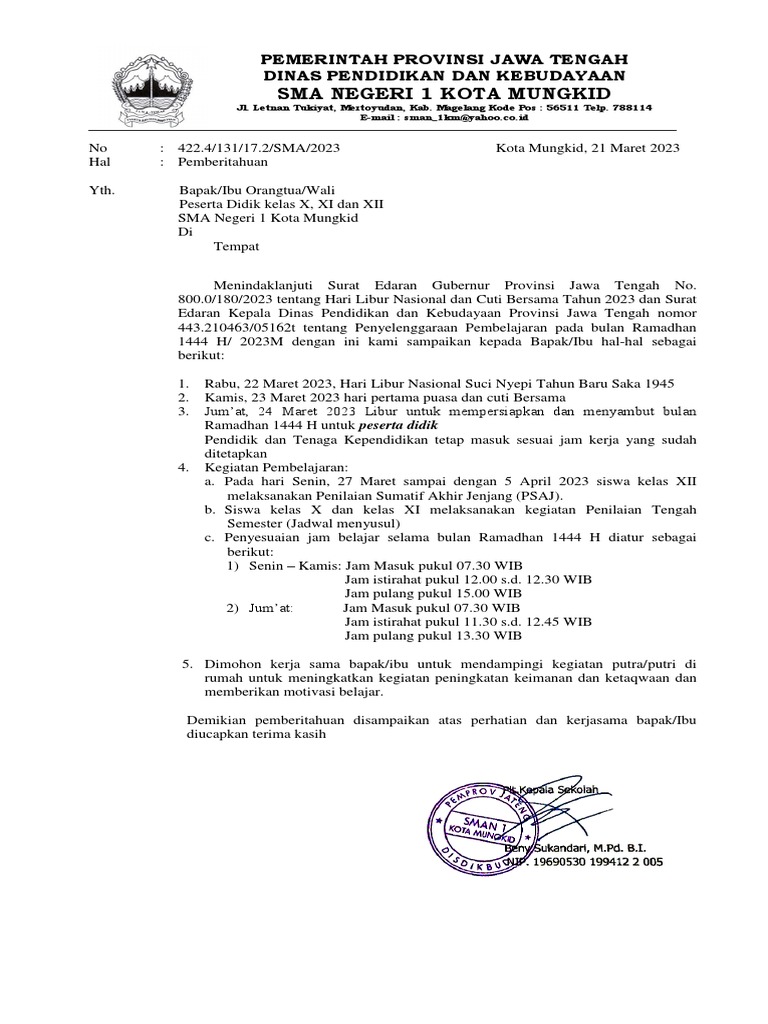 Pemberitahuan Libur dan Penyesuaian Jam Belajar Bulan Ramadhan | PDF