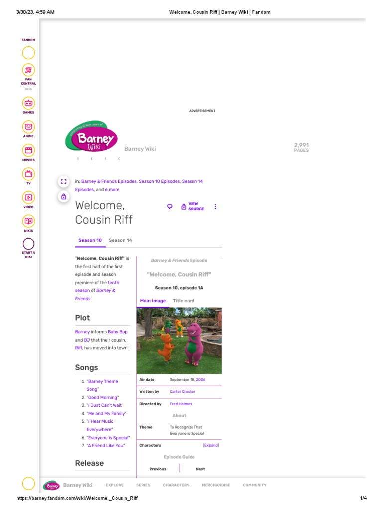 Welcome, Cousin Riff - Barney Wiki - Fandom | PDF | Fandom Welcome, Cousin Riff - Barney Wiki - Fandom | PDF | Fandom