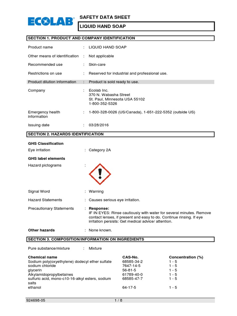 03-Hand Soap MSDS | PDF | Toxicity | Dangerous Goods
