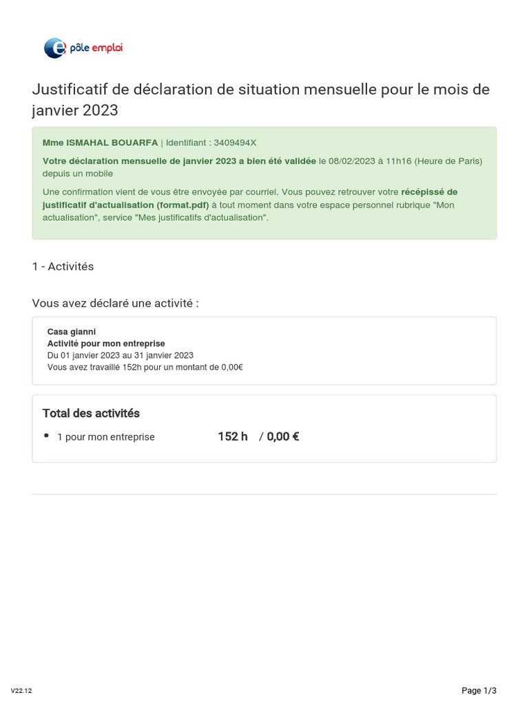 Justificatif de Déclaration de Situation Mensuelle Pour Le Mois de ...