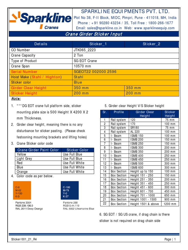 Crane Girder Sticker Input: Sparkline Equipments Pvt. LTD | PDF | Crane ...