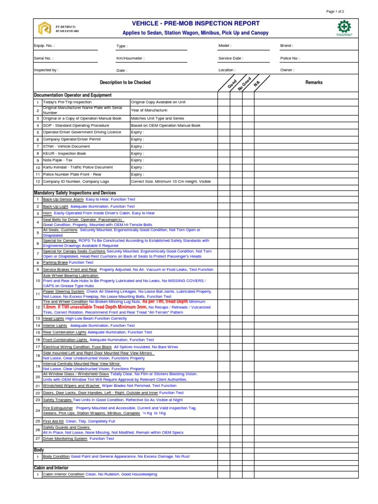 Formulir Premob Inspection LV | PDF | Leak | Truck