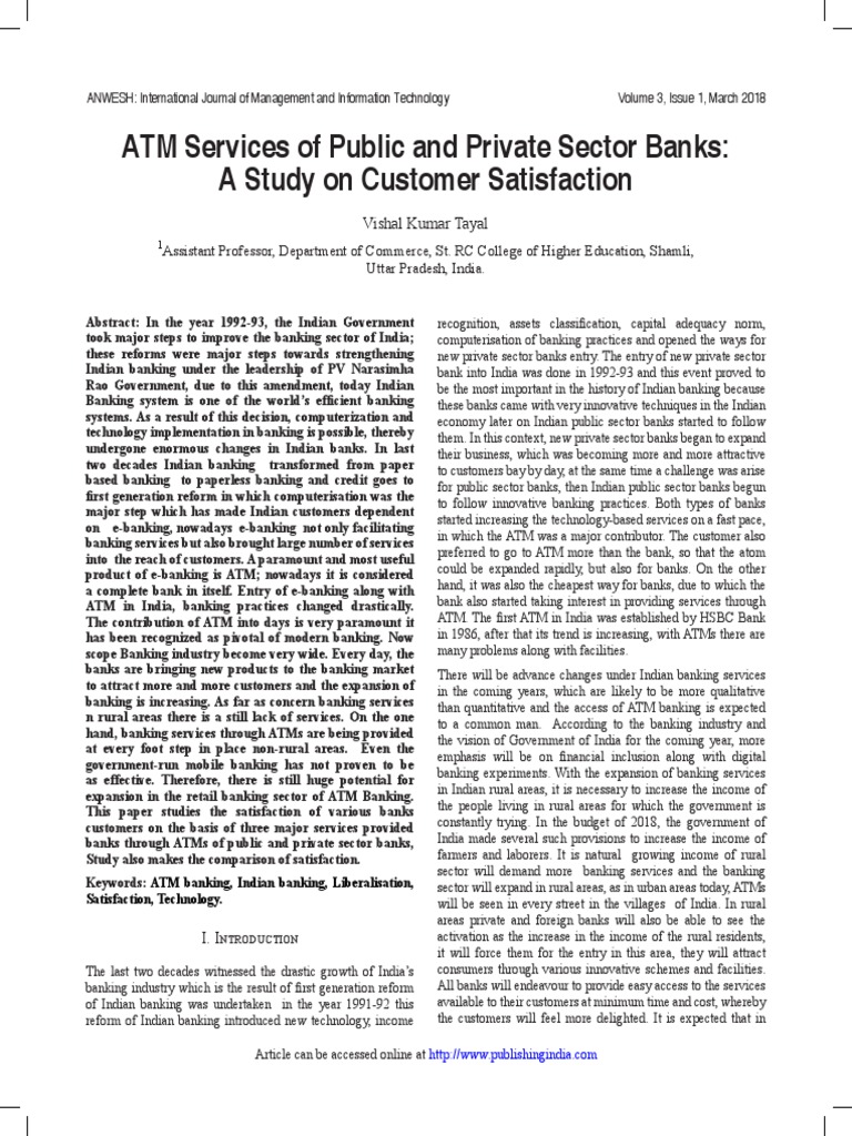 ATM Services of Public and Private Sector Banks: A Study On Customer Satisfaction | PDF | Banks ...