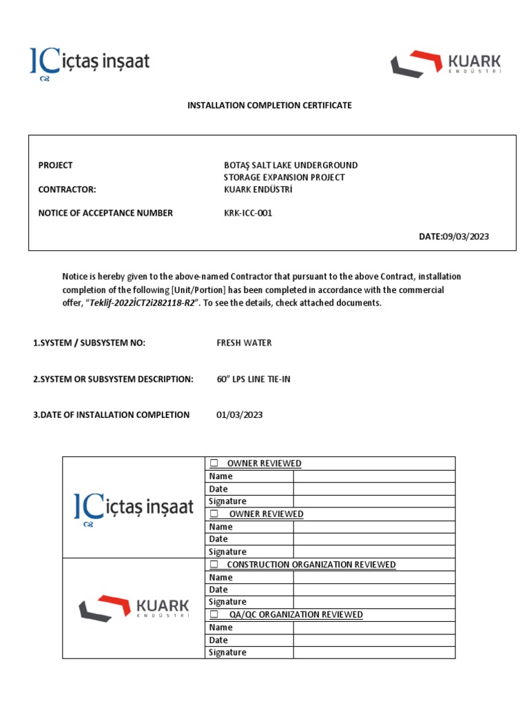 Installation Completion Certificate | PDF