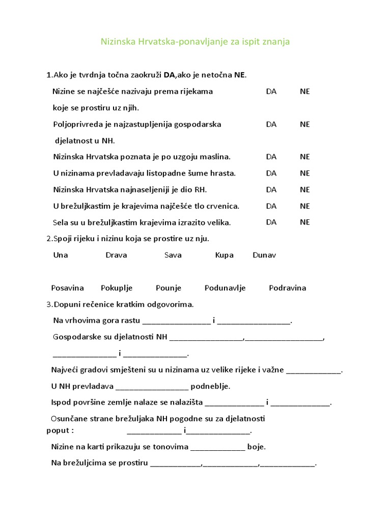 Nizinska Hrvatska-Ponavljanje Za Ispit Znanja | PDF