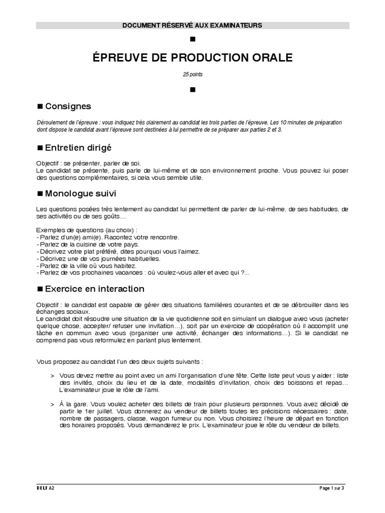 Production Orale DELF A2 : Guide Examinateur | PDF