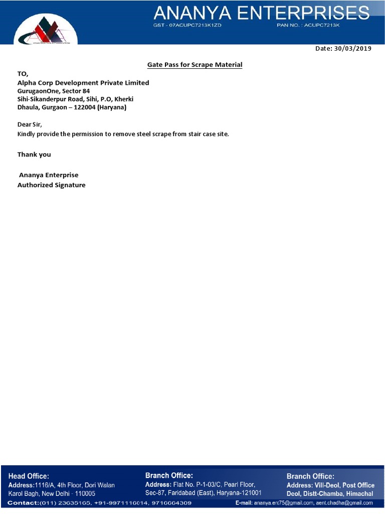 Gate Pass For Scrape Material Alpha Corp Development Private Limited ...