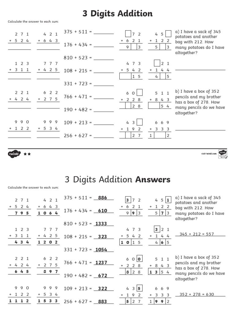 t2 M 299 Digit Number Addition Activity Sheet - Ver - 1 | PDF