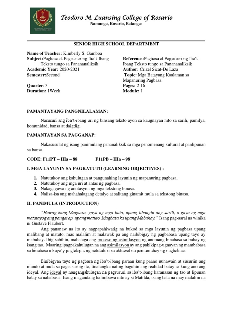 Module 1 Mga Batayang Kaalaman Sa Mapanuring Pagbasa | PDF