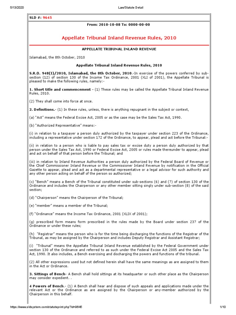 Appellate Tribunal Inland Revenue Rules | PDF | Tribunal | Appeal