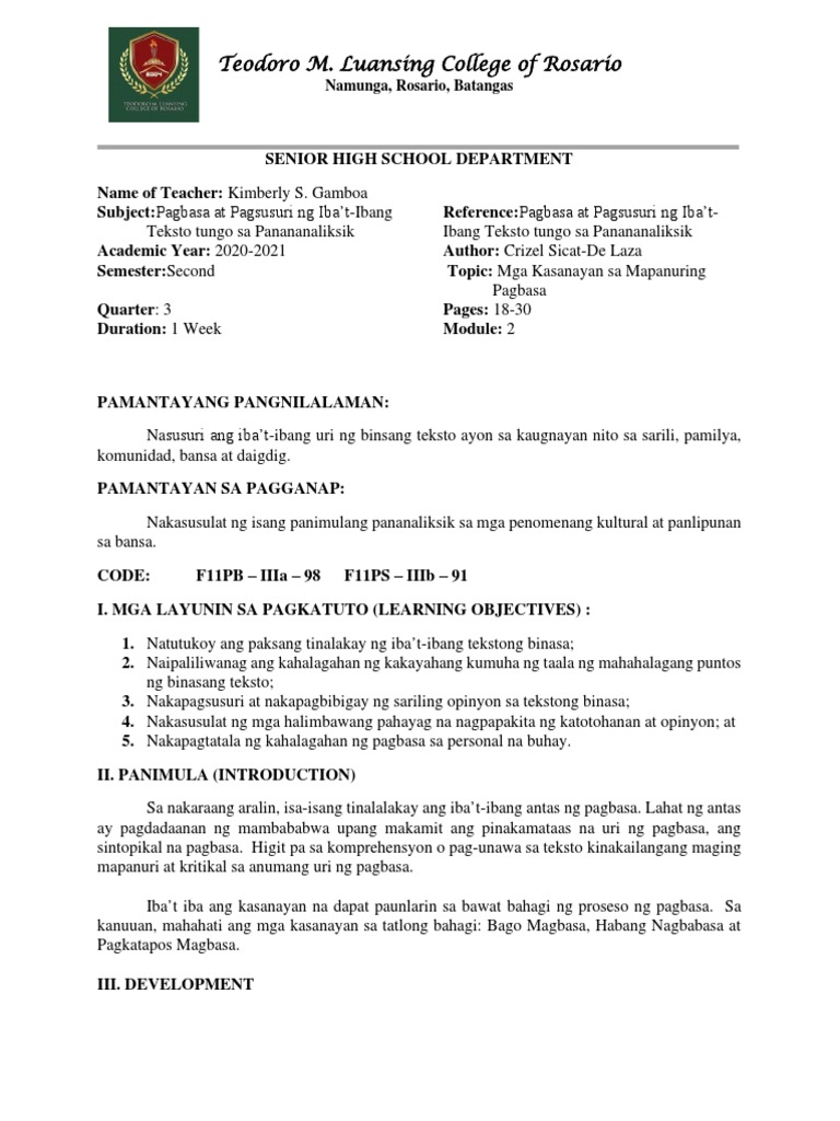 Module 2 Mga Kasanayan Sa Mapanuring Pagbasa | PDF