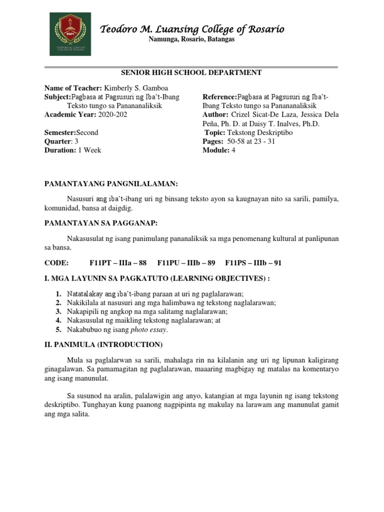 Module 4 Ang Paglalarawan Tekstong Deskriptibo | PDF