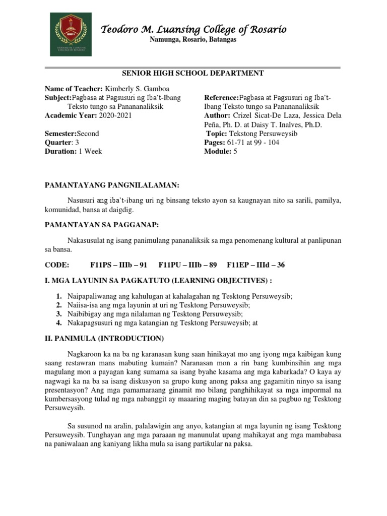 Filipino 8 Matatag Week 5 Quarter 1 Tekstong Persuweysib Example