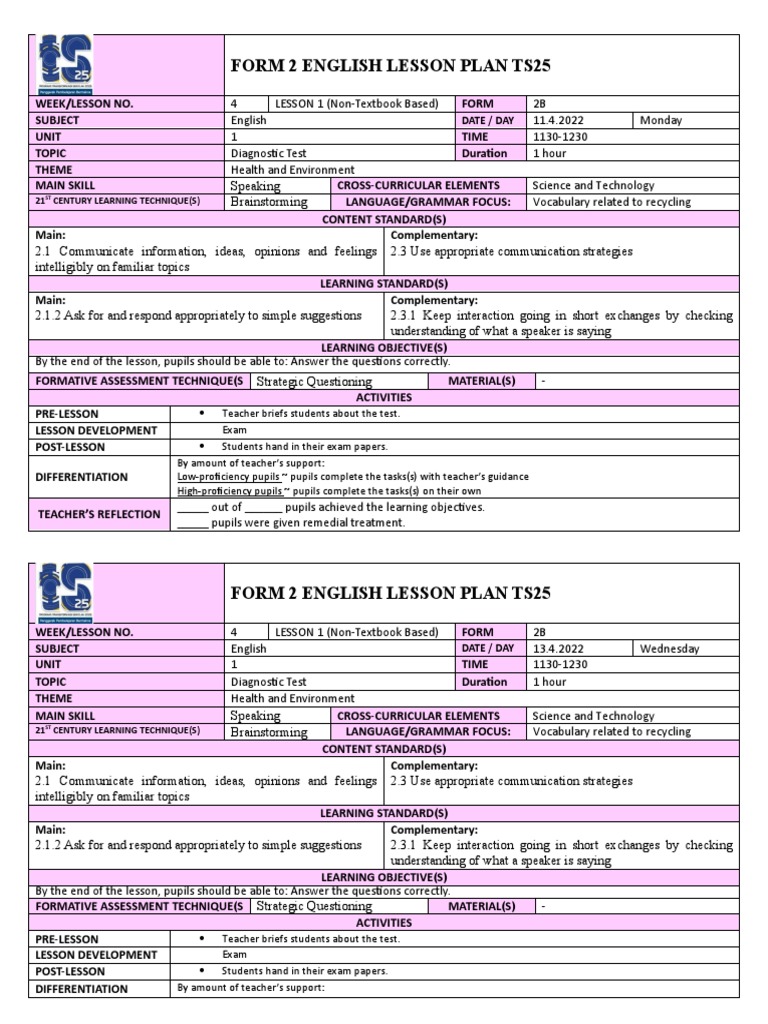 Form 2 English Lesson Plan Ts25: 21 Century Learning Technique (S ...