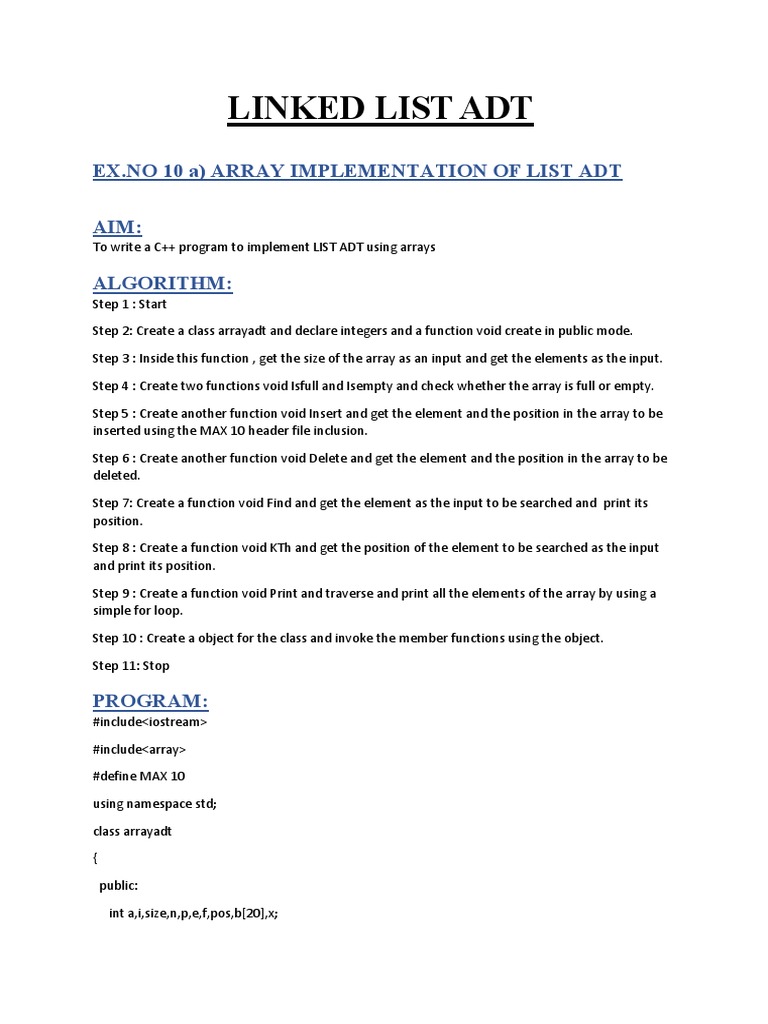 Linked List Adt Ex No 10 A Array Implementation Of List Adt Aim Algorithm Pdf Pointer