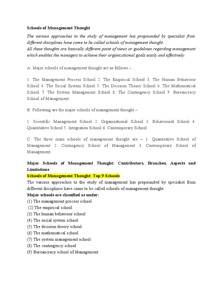 Overview of Management Thought Schools | PDF | Operations Management ...