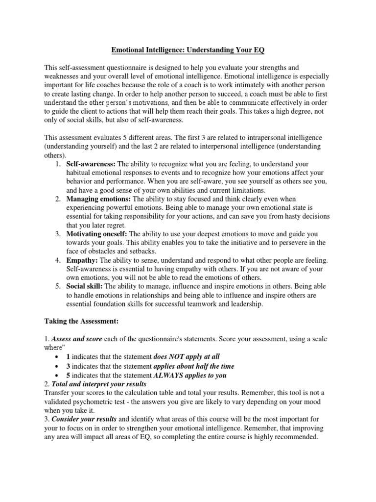 Emotional Intelligence Assessment | PDF | Emotional Intelligence | Psychological Concepts