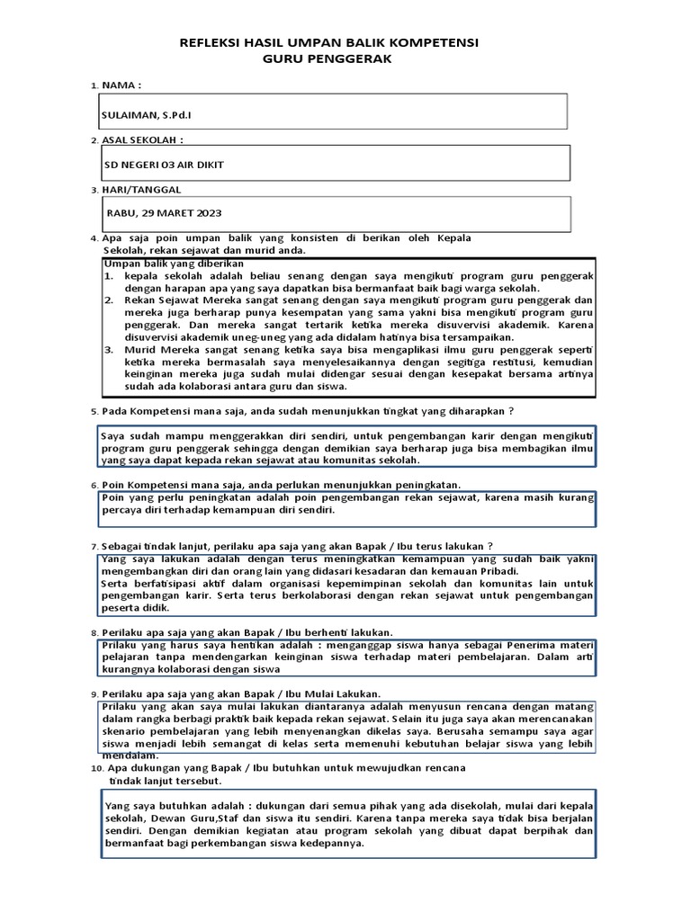 SULAIMAN, S.Pd.I REFLEKSI HASIL UMPAN BALIK GURU PENGGERAK | PDF