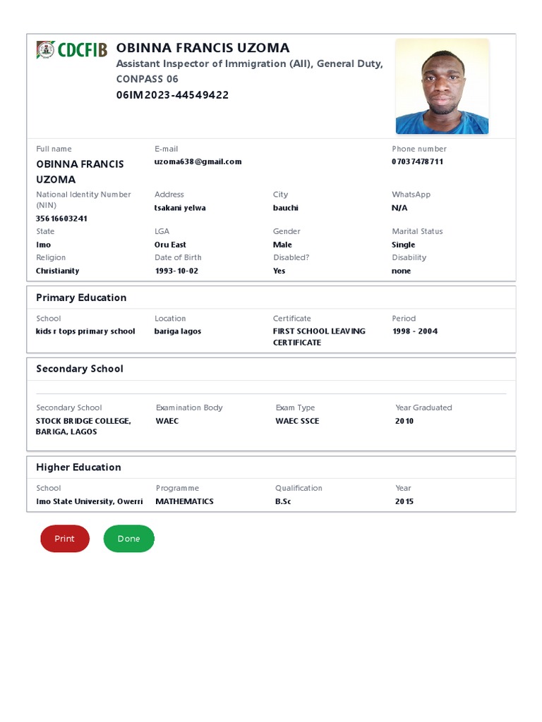 Obinna Francis Uzoma: Assistant Inspector of Immigration (AII), General Duty, Conpass 06 | PDF