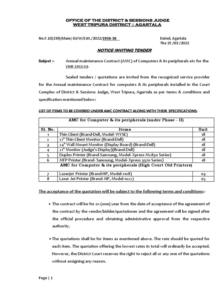 Tender for Computer AMC Services | PDF | Printer (Computing)