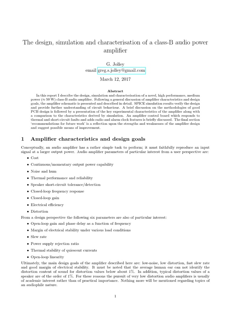 JollyGS Design Simulation and Characterisation of A Class-B Audio Power Amplifier | PDF