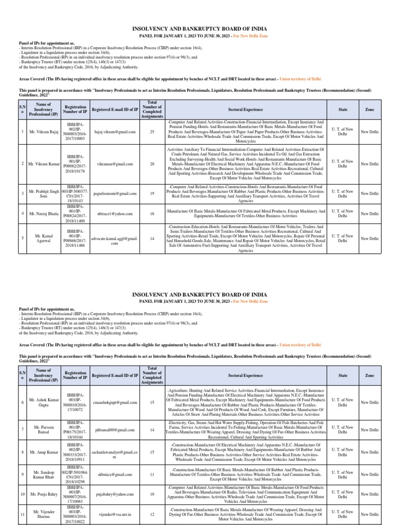 Insolvency Professionals Panel 2023 | PDF | Bankruptcy | Insolvency