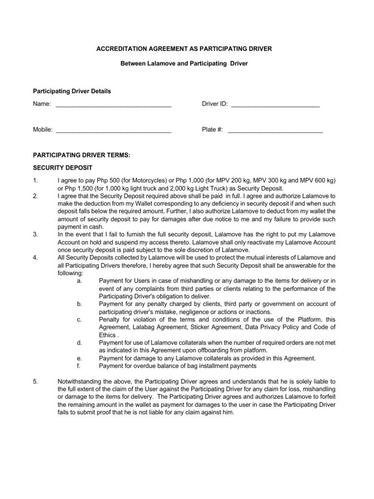 Accreditation Agreement As Participating Driver Between Lalamove and ...
