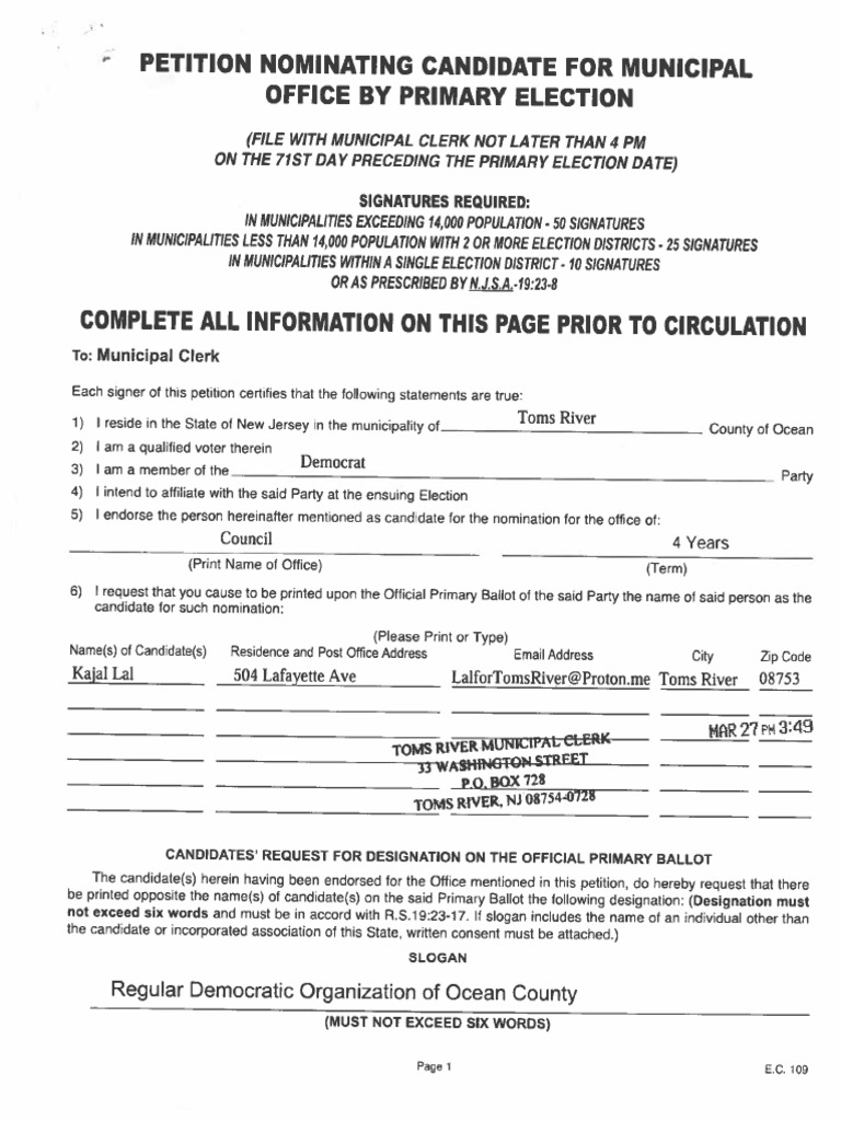 2023 Petition Nominating Kajal Lal For Toms River Township Council by Primary Election | PDF ...