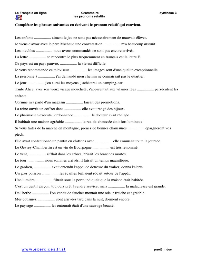 Exercices sur les pronoms relatifs | PDF