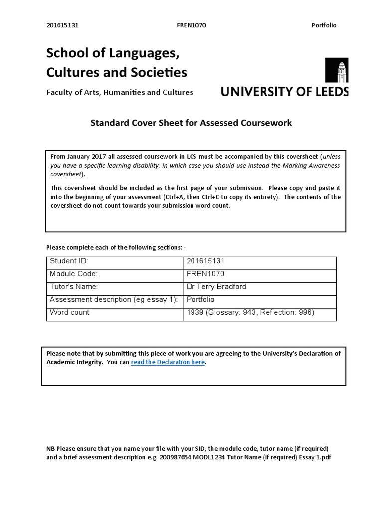 School of Languages, Cultures and Societies: Standard Cover Sheet For Assessed Coursework | PDF ...