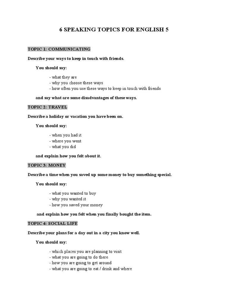 6 Speaking Topics for English 5 | PDF | Self-Improvement
