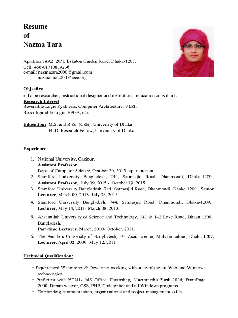 Resume of Nazma Tara | PDF | Computer Engineering | Electrical Engineering